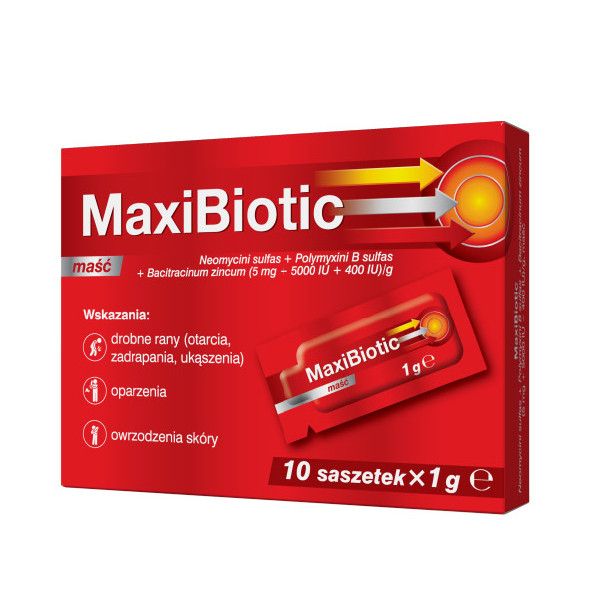 Maxibiotic, maść zawierająca 3 antybiotyki, 10 saszetek x 1 g | Apteline.pl