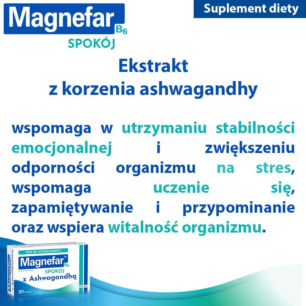 Magnefar B6 Spokój, magnez + ashwagandha, 30 tabletek powlekanych | Apteline.pl