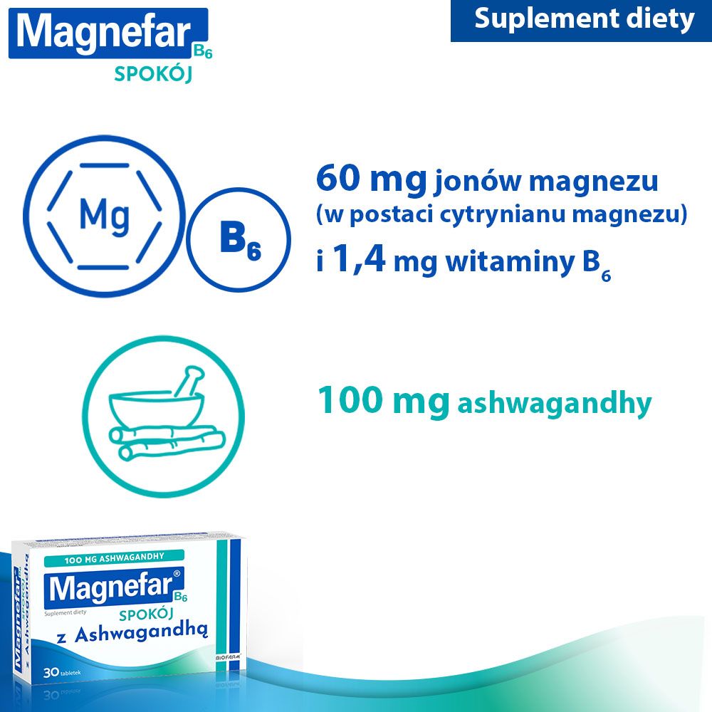 Magnefar B6 Spokój, magnez + ashwagandha, 30 tabletek powlekanych | Apteline.pl
