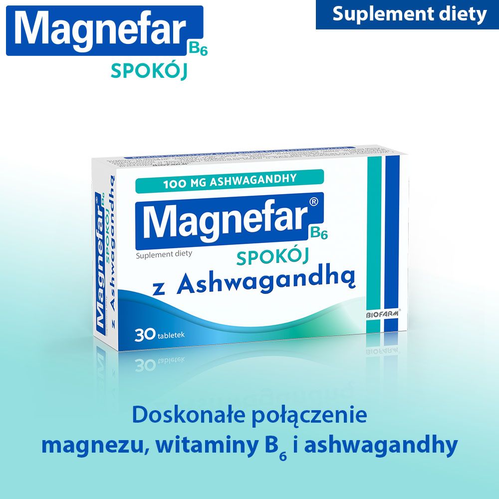 Magnefar B6 Spokój, magnez + ashwagandha, 30 tabletek powlekanych | Apteline.pl