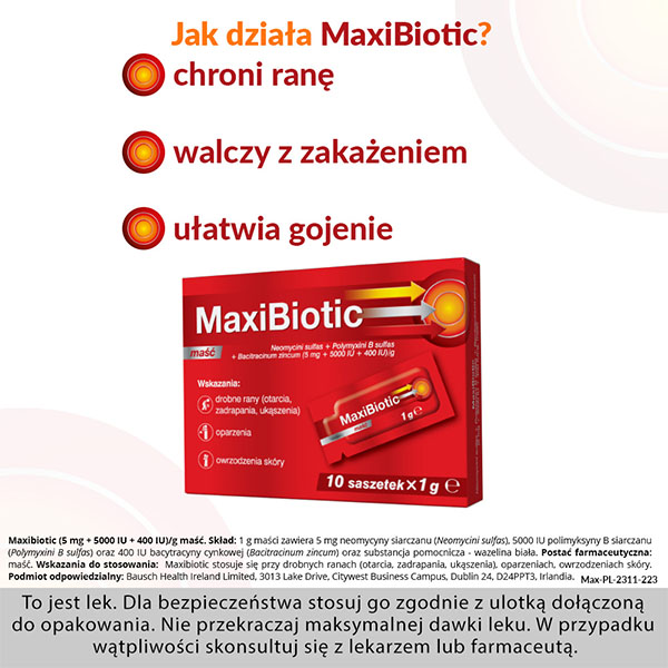 Maxibiotic, maść zawierająca 3 antybiotyki, 10 saszetek x 1 g | Apteline.pl